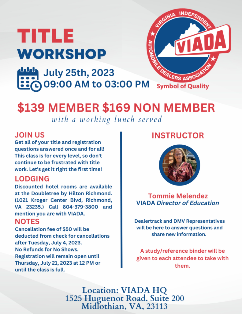 Title Workshops – Virginia Independent Auto Dealers Association